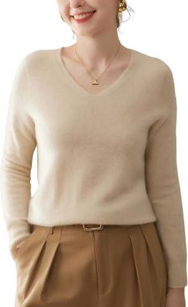 Dissa Pull Cachemire Femme Col V Uni Tricot&eacute; en Vrac Manches Longues Fin Pull en Cachemire et Laine,Beige-2,EU 44,MN655