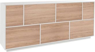 Dmora Dmora - Kommode Dnapp, Küchen-Sideboard mit 7 Türen, Wohnzimmer-Buffet, 100% Made in Italy, cm 200x41h86, Weiß glänzend und Nussbaum