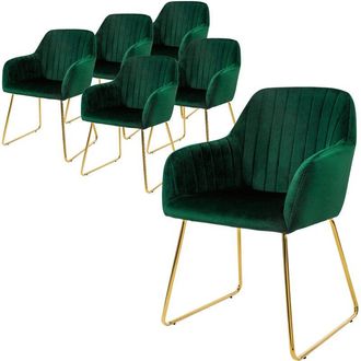 ML Design ML-Design Set de 6 Chaises de Salle à Manger, Vert, Assise Rembourrée en Velours, Pieds Dorés en Métal, avec Dossier et Accoudoirs Ergonomiques