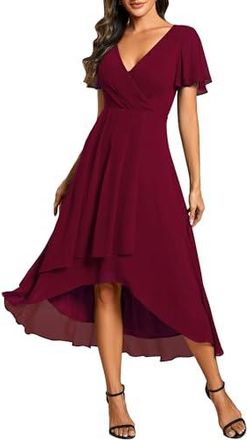 Ever-pretty EG02084-P Robe dinvité de Mariage, col en V, Manches à Volants, en Mousseline de Soie, Longueur Genoux, Robe de soirée, Bordeaux, 52