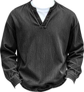 Generic Sweat-shirt l&eacute;ger pour homme - Col en V - Manches longues - Grande taille - V&ecirc;tements classiques tendance - T-shirt d&eacute;contract&eacute; et tendance pour homme