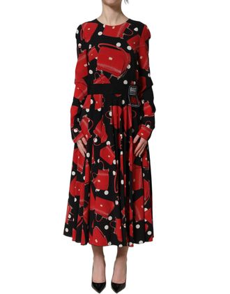 Dolce & Gabbana Womens Black Handbag Print Long Sleeve Midi Dress Silk Elastane