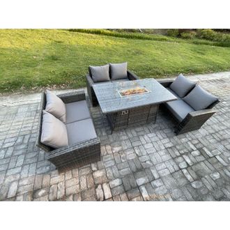Fimous Gartenm&ouml;bel-Set im Freien 6-Sitzer Poly Rattan Sitzgruppe mit Gas Feuerstelle Tisch Doppelsitz-Sofa Dunkelgrau Gemischt - Fimous