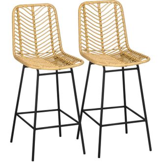 HOMCOM Lot de 2 tabourets de bar design boh&egrave;me Hauteur 66 cm avec repose-pieds m&eacute;tal et rotin PE - naturel-Jaune