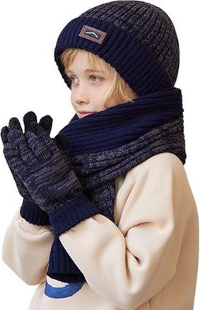 Generic Gants dhiver 2026 pour enfants de 4 &agrave; 10 ans avec bonnet, &eacute;charpe et trois pi&egrave;ces en laine tricot&eacute;e chaude pour lext&eacute;rieur, bleu marine, Taille unique
