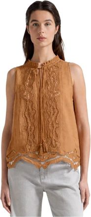 Seventy Femme, Blouses et Chemises, Brun, Taille: 42 FR Top smanicato in rami&egrave; ricamato e scollo a V laccetti e nappine
