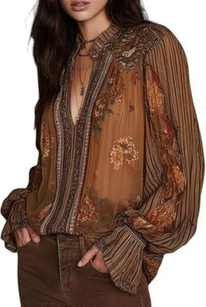 Generic Haut d&eacute;contract&eacute; boh&egrave;me vintage imprim&eacute; floral pour femme d&eacute;contract&eacute; ample &agrave; manches longues T-shirt transparent, col en V imprim&eacute; &agrave; manches longues,