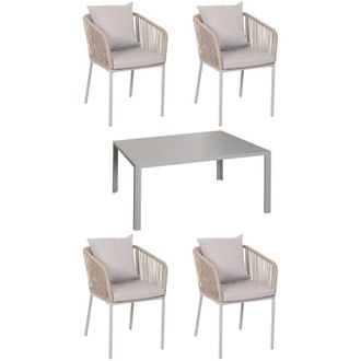 Hhg Gartengarnitur HHG 616, Tisch+4xStuhl, wetterfest Alu 140x80cm, Seilgeflecht Rope grau Kissen grau