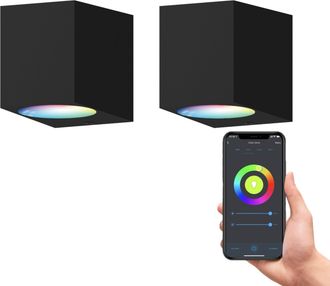 Calex Smart Outdoor LED Wandleuchte, GU10, Downlight, RGB-Farben & kalt- bis warmweiß Licht, dimmbar, wasserdicht, WLAN App- & Sprachsteuerung, Schwarz, 2er