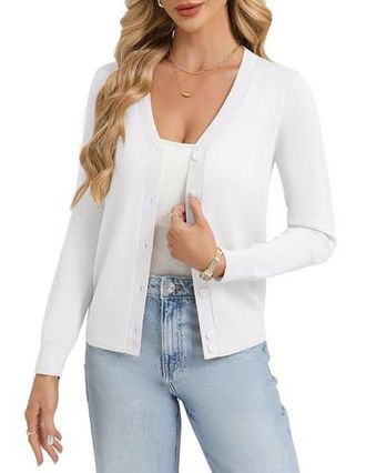 Grace Karin Cardigan d&eacute;t&eacute; l&eacute;ger classique &agrave; col en V boutonn&eacute; pour femme, blanc, L