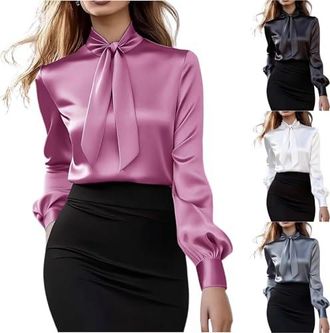 Generic Chemisier Femme Chic et &Eacute;l&eacute;gant Chemisiers et Blouses &agrave; Col en V Chemisier Ample &agrave; Manches Longues Couleur Unie Chemise en Satin Pas Cher Vetement Aut