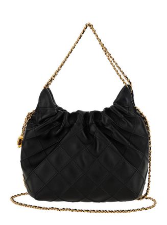 Tory Burch Womens Shoulder Bag Fleming Grained Black Leather Lamb