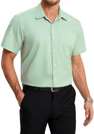 Hisdern Chemise Homme Manches Courtes Été Décontractée Chemises Verte en Fibre de Bambou Costume Homme Business Chemisette Formel Régulières pour Les Mariage 