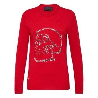 Philipp Plein Femme, Pulls, Rouge, Taille: 42 FR Pullover Round Neck LS Look At Me Skull Crystal
