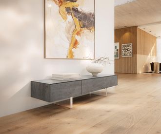 DELIFE Lowboard Cuor 150 cm Keramik Beton Grau 1 Klappe 1 Schubfach Fu&szlig; Schwebeoptik Acrylglas, Lowboards