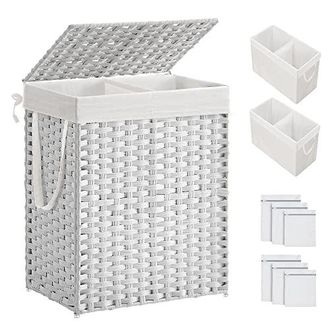 Songmics W&auml;schekorb mit Deckel, 90 l, 2 herausnehmbare Beutel und 6 Netztaschen, doppelter W&auml;schekorb f&uuml;r Badezimmer, 33 x 18,1 x 23,6 cm, Wei&szlig; ULCB251W01V1