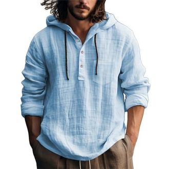 Generic Chemise en coton et lin pour homme, chemise &agrave; manches longues &agrave; capuche demi-boutons, chemise l&eacute;g&egrave;re et respirante, chemise d&eacute;contract&eacute;e, couleur unie