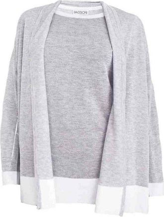 Passioni Cardigan Twinset in Grau mit wei&szlig;em Abschluss
