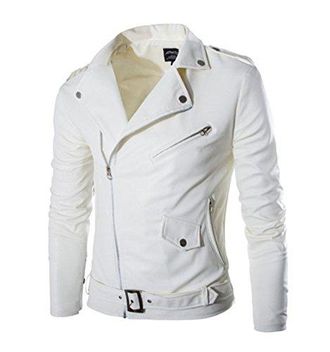 LaoZan Hommes Casual Biker Vestes Cuir PU Manches Longues Outwear dhiver Chaud Manteau en Imitation Cuir L Blanc