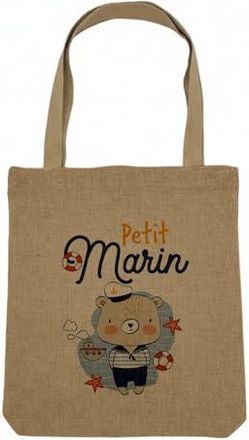 Fabulous Sac Shopping Tote Bag Aspect Lin - Petit Marin Dessin Illustration Bateau Mer - Sac de Courses Toile Epaisse 360g Beige Naturel Cabas Port&eacute; Epaule Sol