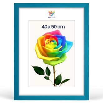 MG Design Bilderrahmen 40 x 50 cm - Posterrahmen mit T&uuml;rkis Holzrahmen (Echtholz) und bruchsicherem Acrylglas, Hoch & Quer mit stabiler Wandaufh&auml;ngung