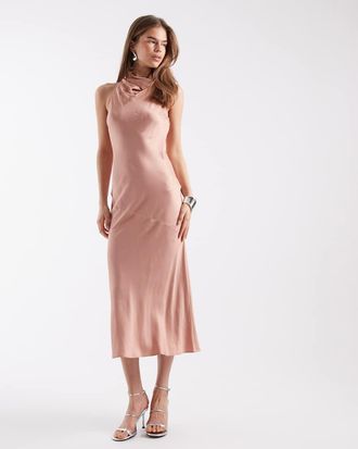 & Other Stories &Auml;rmelloses, hochgeschlossenes Maxikleid aus Satin in Pfirsichrosa-Orange
