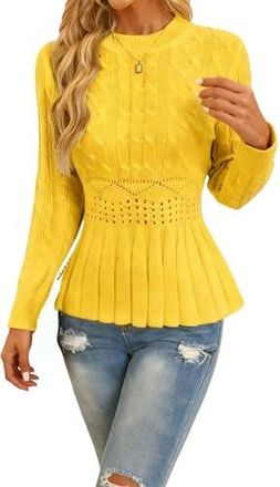 Generic Pull p&eacute;plum pour femme en tricot torsad&eacute;, d&eacute;contract&eacute;, col rond, coupe ajust&eacute;e, pull &agrave; volants en tricot torsad&eacute;, jaune, XXL-6XL