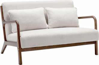 Sweeek 2-Sitzer Skandinavische Sitzbank aus Hevea-Holz hell Nussbaum und Bouclé-Stoff