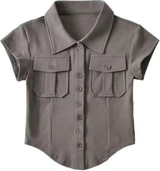 Generic T-Shirt à Manches Courtes et col Polo à Double Poche pour Femme, Ourlet incurvé, Haut irrégulier, Simple Boutonnage, Gris foncé, S