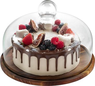 Relaxdays Tortenplatte, Glasdeckel, Kuchenplatte, h&auml;lt Lebensmittel frisch, HD: 16x28 cm, K&auml;seglocke Akazienholz, Natur