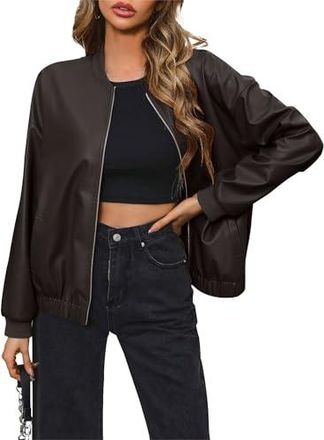 Generic Femme Veste en Simili Cuir Décontracté Style PU Biker Blouson Cuir PU Chic Veste Noir, Marron, Kaki, Couleur Unie, Veste sans Capuche Zippé Legere Pas