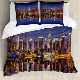 Abakuhaus Stadt Bettbezugs Set Für Doppelbetten, New York City USA, Weicher Microfaserstoff Allegigeignet kein Verblassen,Dunkelblau Grau