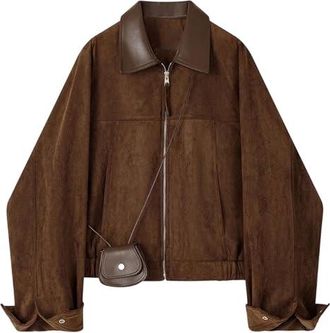 Generic Veste courte d&eacute;contract&eacute;e en daim synth&eacute;tique avec col contrast&eacute; et poches pour femme, caf&eacute;, S