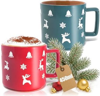 Com-Four Com-four 2X Tasse à café Noël XL en Porcelaine 450 ML - Vert et Rouge - Motif Festif - Tasse Bicolore (Motifs de Noël - 450ml)