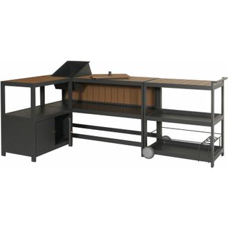 Hhg Neuwertig] Aluminium Outdoor-Küche 3-teilig HHG 810, Außenküche Garten Servierwagen Eiskübel Schrank anthrazit, helle Holzoptik