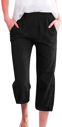 Generic Ydsxlp Pantalon d&eacute;t&eacute; en coton et lin pour femme - Couleur unie - Taille &eacute;lastique - Pantalon capri grande taille - Pantalon ample &agrave; jambe droite - Pan