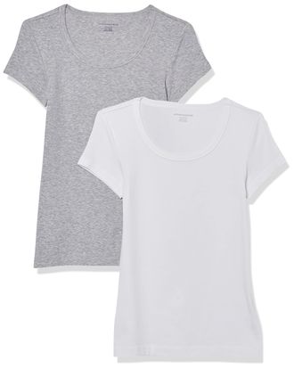 Amazon Essentials Damen T-Shirt mit Flügelärmeln und U-Ausschnitt in schmaler Passform, 2er-Pack, Weiß/Hellgrau Meliert, XXL