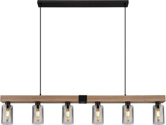 Globo Lighting Pendelleuchte Holzoptik Esstischlampe 6 flammig Hängelampe Wohnzimmer, Rauchglas Metall schwarz, 6x E27, LxH 140x120 cm