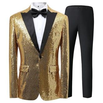 Generic Smoking &agrave; paillettes pour homme 3 pi&egrave;ces Coupe ajust&eacute;e Un bouton Robe Costume Veste Blazer Brillant Ensemble avec noeud papillon, dor&eacute;, 3XL
