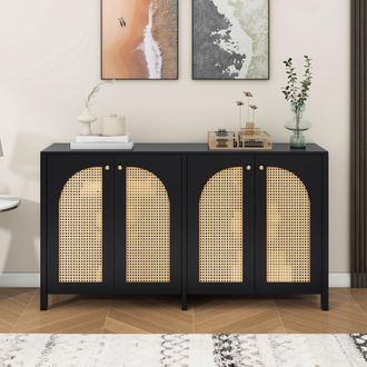 Generic LZPUOUI Sideboard Kommode 145 cm Schwarz Anrichte mit 4 Rattant&uuml;ren Metallgriffen verstellbaren Regalb&ouml;den Buffetschrank in MDF Spanplatte PE-Rattan M