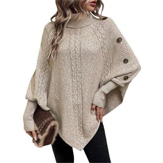 Generic Poncho d&eacute;contract&eacute; &agrave; col roul&eacute; et manches chauve-souris pour femme, kaki, S