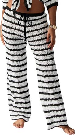 SOLY HUX Damen Streifen Hose Elegant Strickhose Elastisch Palazzo Hose mit Kordelzug Geh&auml;kelte Freizeithose Herbst Causalhose Schwarz M