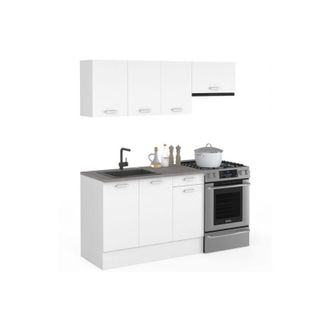 IDMarket Idmarket - Komplettk&uuml;che 180 cm subtil mit 5-teiliger Arbeitsplatte in Wei&szlig; und Betonplatten