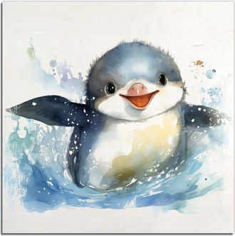 Wallario Wandbild aus Holz Pinguin in Aquarell - 40 x 40 cm in Premium-Qualität: Brillante Farben