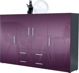 Vladon Highboard Nora Anrichte mit 2 Schubladen und 4 T&uuml;ren mit insgesamt 8 F&auml;cher dahinter, Anthrazit matt/Brombeer Hochglanz (166,5 x 106,5 x 35 cm)