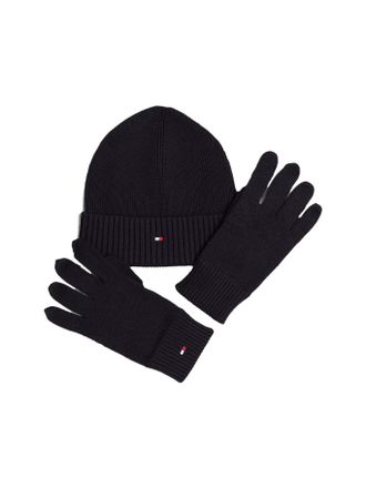 Tommy Hilfiger Herren Geschenk-Set Flag Pima Cotton Strickmütze & Handschuhe, Schwarz (Black), Einheitsgröße