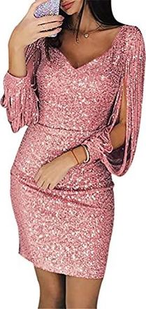 Onsoyours Robes Femme de Cocktail Vintage Rockabilly Manches Longues Col V Rétro Sequin Sexy Chic Mini Club Robe A Rose XXL