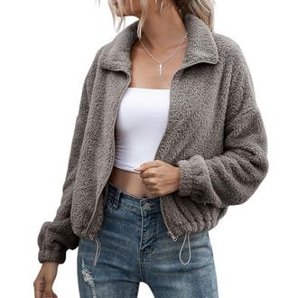 Generic Veste courte en polaire &agrave; fermeture &eacute;clair avec cordon de serrage pour femme, manteau en fourrure l&eacute;ger pour une tenue dhiver d&eacute;contract&eacute;e, gris fonc&eacute;