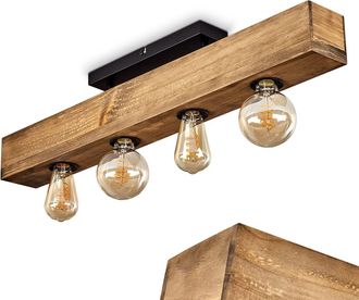 HOFSTEIN Deckenleuchte Berat, längliche Deckenlampe aus Metall/Holz in Schwarz/Dunkelbraun, moderne Leuchte mit Holzbalken, 4-flammig, 4 x E27, ohne Leuchtmitt