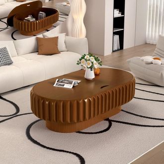 Generic Ovaler Couchtisch mit Stauraum, moderner, handgefertigter, geriffelter ovaler Couchtisch mit massivem, furniertem und stabilem Sockel, f&uuml;r Wohnzimmer,